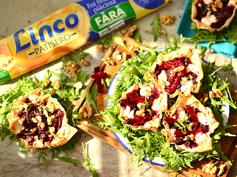 Tarte cu brânză de capră, sfeclă roșie, miere și nuci - Linco PATISERO
